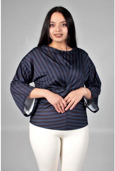 Truva Xxl Büyük Beden Kadın Giyim Çizgili Bluz Siyah Mavi BZ599