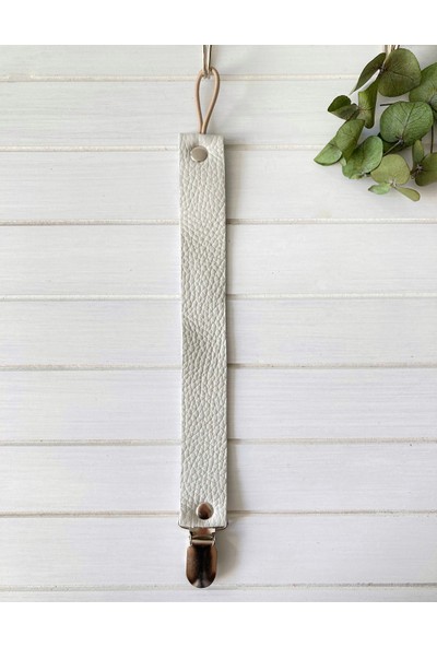 Li Puna Kırık Beyaz Deri Emzik Askısı - Korumalı Metal Klipsli Emzik Zinciri LPEMZK17