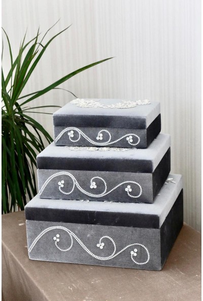 Ceyyiz Ahşap 3lü Gelin Çeyiz Kutuları Gri