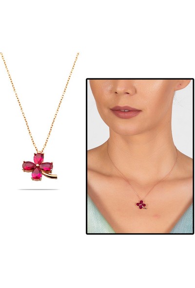 Tesbihane Fuşya Zirkon Taşlı Kır Çiçeği Tasarım Rose Renk 925 Ayar Gümüş Kadın Kolye