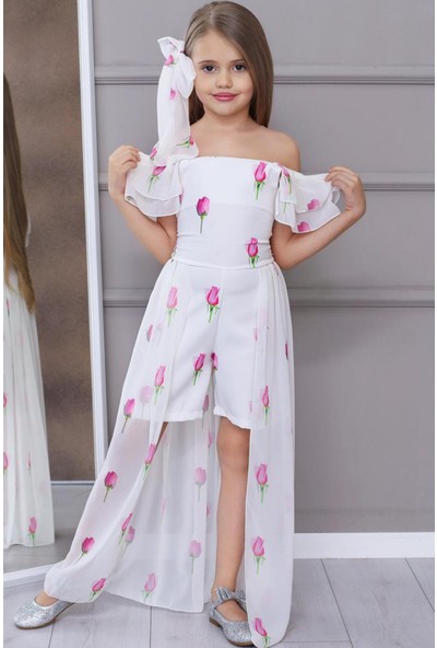 Kız Çocuk Tül Kuyruklu Kayık Yaka Lale Desenli Şortlu Tulum Kız Çocuk Tül Kuyruklu Kayık Yaka Lale Desenli Şortlu Tulum