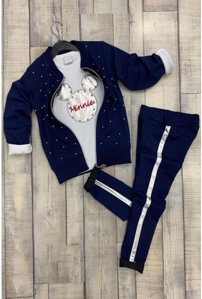 Kız Çocuk Minnie Baskılı ve Boncuk Işlemeli 3'lü Lacivert Eşofman Takım Kız Çocuk Minnie Baskılı ve Boncuk Işlemeli 3'lü Lacivert Eşofman Takım
