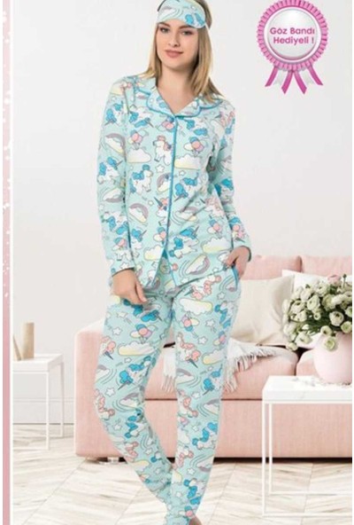 Pijamoni Kadın Pijama Takımı Uzun Kol Unicorn Desen Boydan Düğmeli Pijamoni Kadın Pijama Takımı Uzun Kol Unicorn Desen Boydan Düğmeli