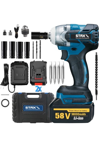 Staxx Power Germany Bl Motor 58V 10AH Çift Torq Somun Sıkma Sökme Bijon Matkap + Super Aksesuar Seti Staxx Power Germany Bl Motor 58V 10AH Çift Torq Somun Sıkma Sökme Bijon Matkap + Super Aksesuar Seti