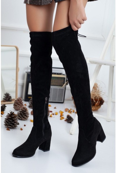 Tuwoshoes Topuklu Çorap Çizme Süet Siyah