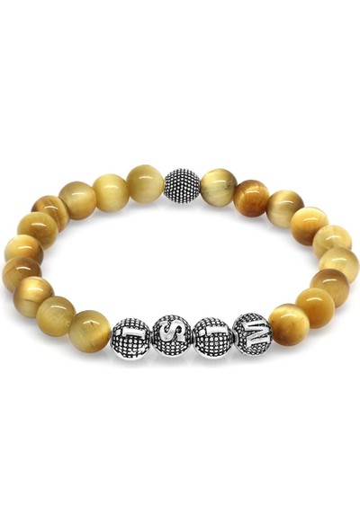 Nipora Renkli Kaplangözü Metal Kombinli Kişiye Özel Isim Yazılı Küre Kesim Doğaltaş Bileklik