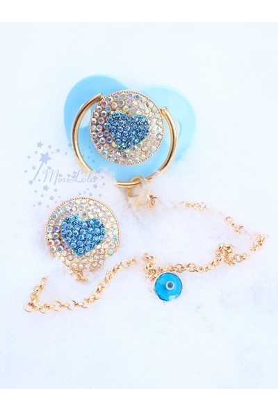 Gold Mavi Zirkon Taşlı Kalp Figürlü Emzik Zincir Seti Gold Mavi Zirkon Taşlı Kalp Figürlü Emzik Zincir Seti
