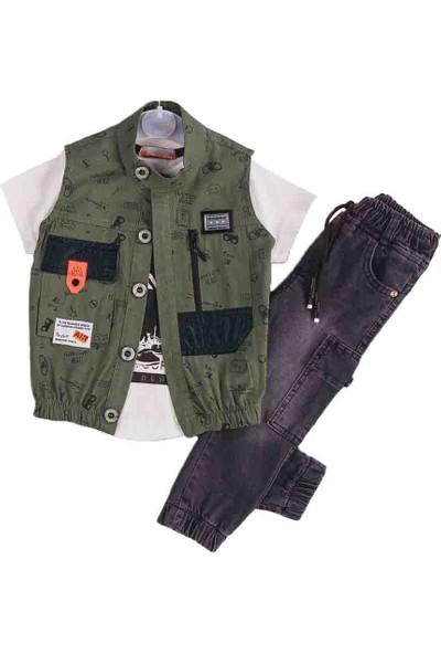 Erkek Çocuk Keten Yelekli Kot Pantolonlu 3'lü Takım
