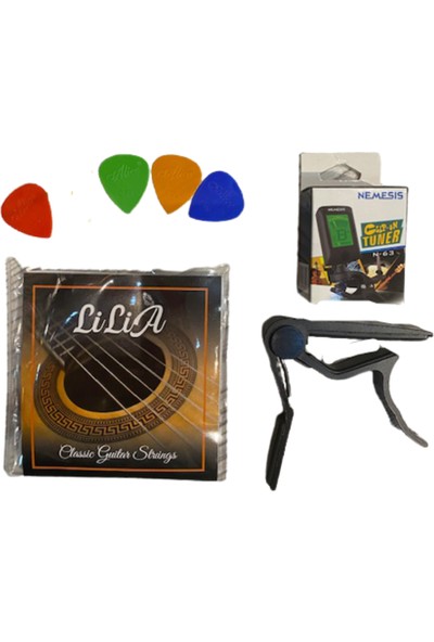 Şenses Müzik (4 Lü) Set Lilia Klasik Gitar Takım Tel + Metal Kapo + Akort Cihazı + 4 Adet Pena Şenses Müzik (4 Lü) Set Lilia Klasik Gitar Takım Tel + Metal Kapo + Akort Cihazı + 4 Adet Pena