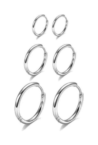 Yeşim Aksesuar Kadın Gümüş Renk Cerrahi Çelik 3lü Set Halka Küpe