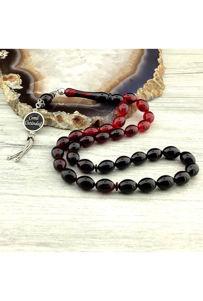 Tesbih Sepetim Gümüş Püsküllü Arpa Kesim Ateş Kehribar Tesbih