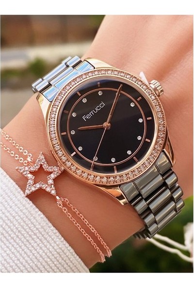 Ferrucci Siyah Çelik Kordon Kadın Kol Saat-Bileklik Set