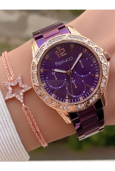 Ferrucci Rose Mor Çelik Kordon Kadın Kol Saati - Bileklik Set