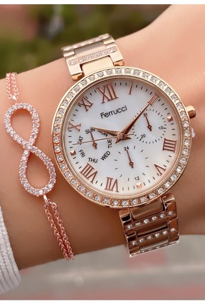 Ferrucci Rose Gold Çelik Kordon Kadın Kol Saati - Bileklik Set Ferrucci Rose Gold Çelik Kordon Kadın Kol Saati - Bileklik Set