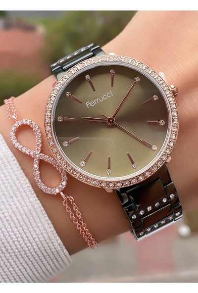 Ferrucci Yeşil Çelik Kordon 2 Yıl Garantili Kadın Kol Saati - Bileklik Set