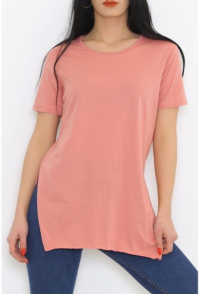 Yırtmaçlı Penye Tunik Tişört Koyupudra - 1063.275. Yırtmaçlı Penye Tunik Tişört Koyupudra - 1063.275.