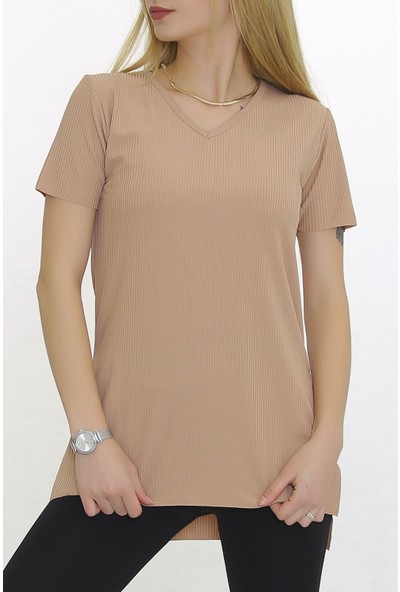 V Yaka Kaşkorse Tişört Sütlükahve - 1988.555.