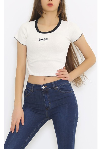 Nakış Yazılı Crop Ekru - 8826.1567.