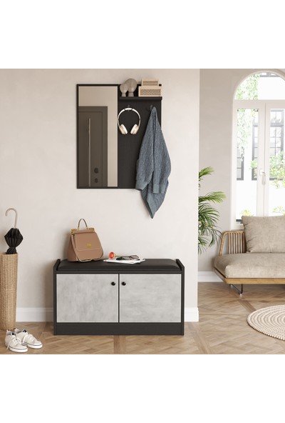 Robin Home Stella Aynalı Minderli Ayakkabılık Vestiyer Portmanto Taş-Siyah Ls1-Tl Robin Home Stella Aynalı Minderli Ayakkabılık Vestiyer Portmanto Taş-Siyah Ls1-Tl