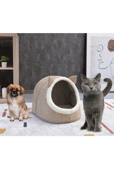 Meleni Home Alaska Kedi Köpek Yatağı - Mağara Kedi Köpek Yuvası Bej