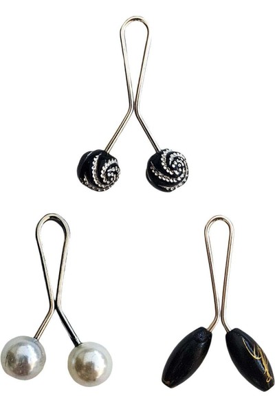 Royaleks 3 Adet Tesettür Eşarp ve Şal Klipsi Inci Beyaz Siyah Desenli