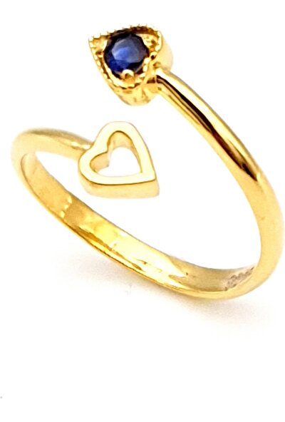 Karra Jewelry Kadın 925 Iki Kalp Ayarlanabilir Ölçüde Altın Kaplama Mavi Zirkon Taş Yüzük