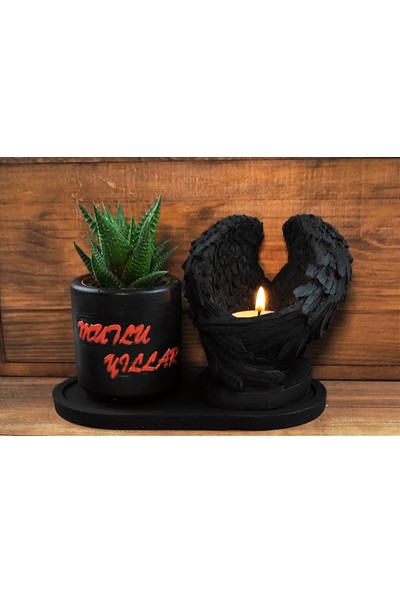 Taş Rüyası Saksılı Sukulent ve Melek Kanatlı Tealight Mumluk Set Siyah