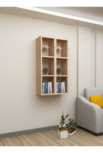 Kitaplık Meşe Renk Duvar Rafı Ikili Takım