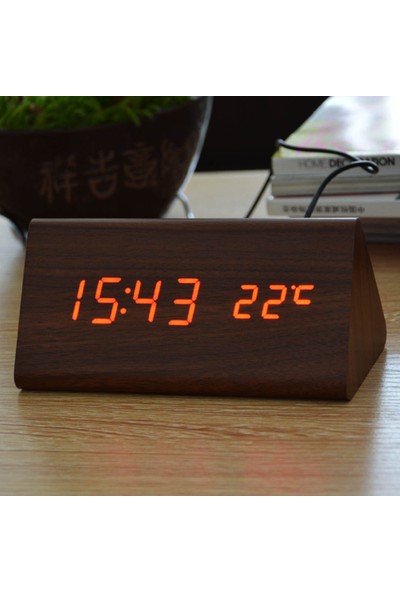 Şifainur USB Ahşap LED Işıklı Alkış Ses Titreşim Sensörlü Isı Ölçer Alarmlı Çalar Masa Saati Termometre