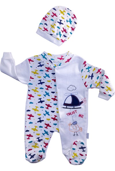 Gürcan Bebe Uçak Baskılı Yeni Doğan Patikli Şapkalı Tulum