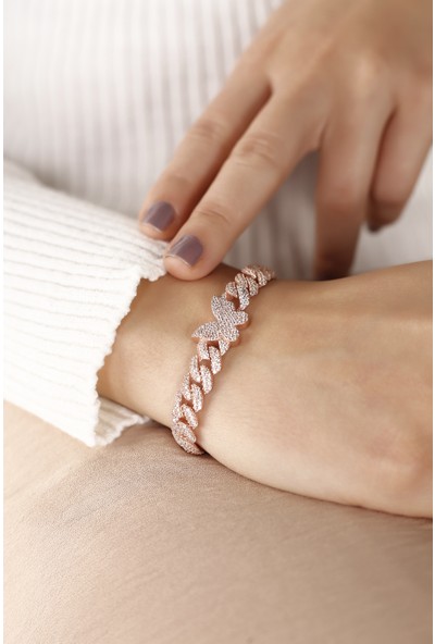 Rose Taşlı Gurmet Kelebek Figürlü 925 Ayar Gümüş Bileklik