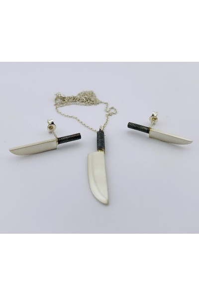 Gümüş Yivli Bıçak Kolye ve Çift Küpe Set (BG-SET-054)