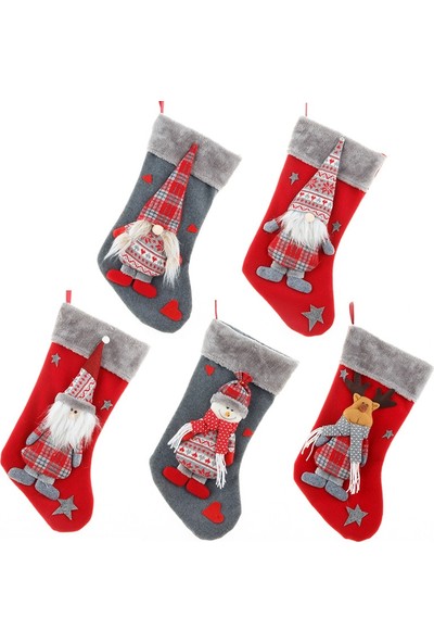 Generic 5 Adet Takım Bebek Büyük Noel Çorapları Noel Süslemeleri Nordic Forester Bebek Kırmızı Çorap Şeker Hediye Çantası Şömine Ev Dekorasyonu
