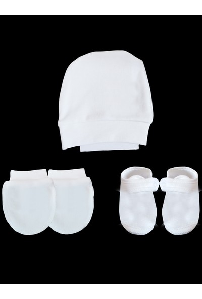 Beyaz Unisex Bebek Bere Eldiven Patik 3 Parça Hastane Çıkışı Set