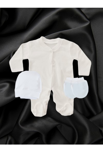 Unisex Bebek Beyaz Zıbın Bere Eldiven 3 Parça Hastane Çıkışı Set