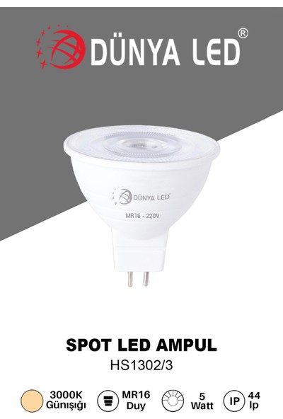 Dünya Led HS1302/3 5W MR16 LED Spot G-4 3000K Günışığı Yüksek Lümen