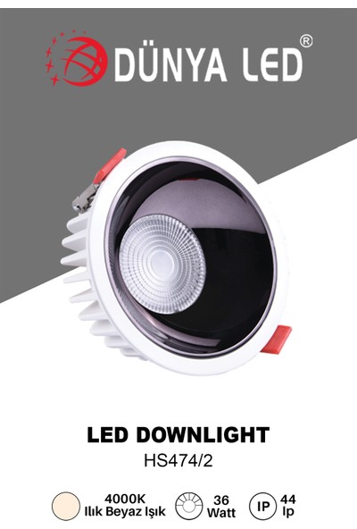 Dünya Led HS474/2 36W LED Downlıght Siyah Iç 4000K Ilık Beyaz Işık Yüksek Lümen Driver Dünya Led HS474/2 36W LED Downlıght Siyah Iç 4000K Ilık Beyaz Işık Yüksek Lümen Driver