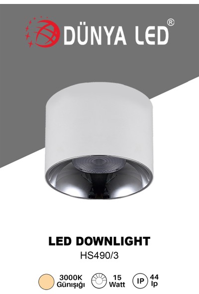 Dünya Led HS490/3-B 15W Sıva Üstü LED Downlıght Siyah Iç 3000K Günışığı Beyaz Kasa Yüksek Lümen
