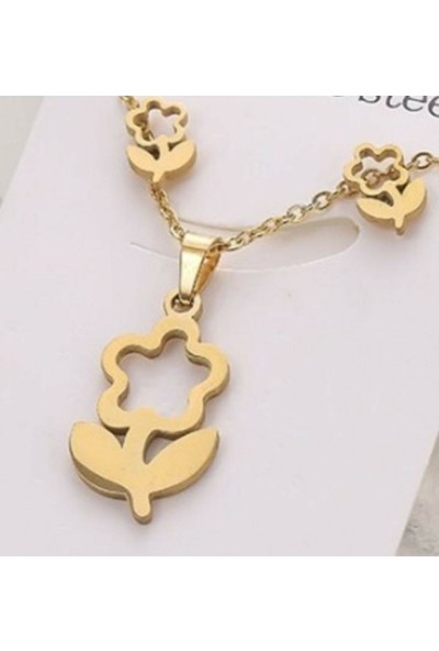 Çelik Çiçek Figürlü Kolye Küpe Seti