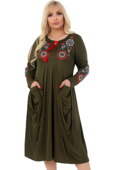 Kheos Nakış Işlemeli Bağcıklı Cepli Yuvarlak Yaka Uzun Kol Elbise