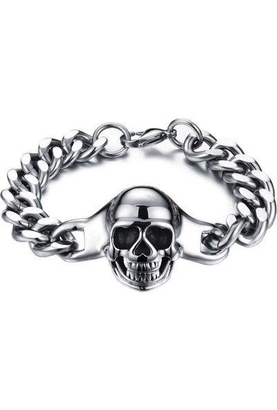 Generic Punk Gotik Erkek Paslanmaz Çelik Kafatası Zincir Bağlantı Bilezik Siyah Gümüş (Yurt Dışından)