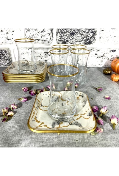 Glassycook, 6 Adet Porselen Çay Tabağı + 6 Adet 150 cc Mat Altın Kristal Bardak Çay SETI-12PARÇA Glassycook, 6 Adet Porselen Çay Tabağı + 6 Adet 150 cc Mat Altın Kristal Bardak Çay SETI-12PARÇA