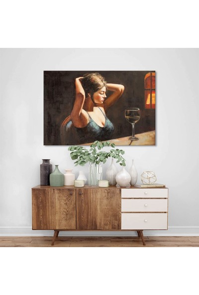 Tablo Plus Şarap Içen Dekolteli Kadın Kanvas Tablo