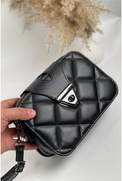 Kadın Siyah Nakışlı Omuz Çantası Üç Gözlü