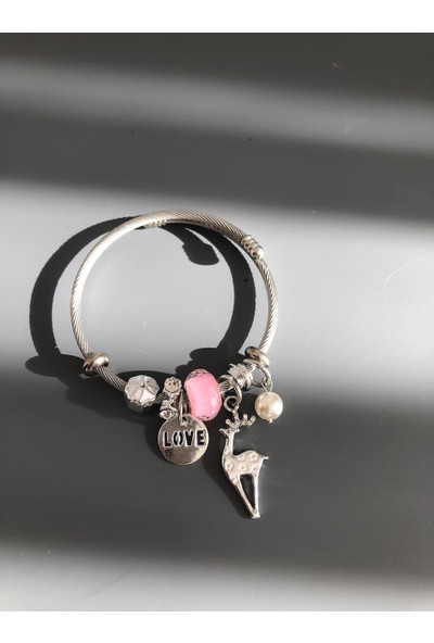 Kufa Şal Aksesuar Charm Bileklik Pembe Taşlı