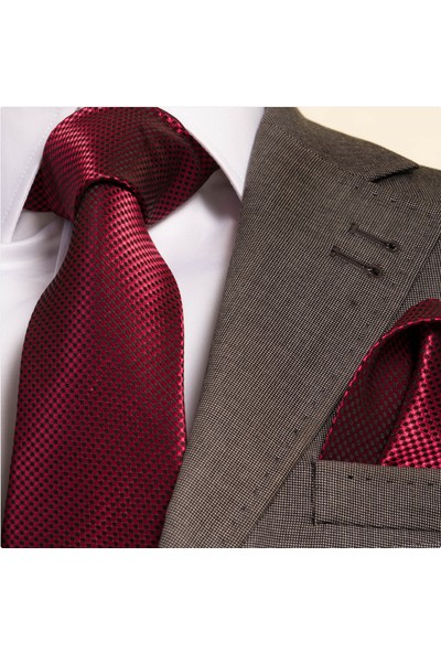 Exve Exclusive Kırmızı Siyah Kareli Jakar Dokuma Kravat Mendil Set Kravat Mendil Seti