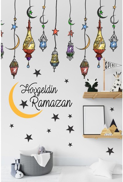 Hoşgeldin Ramazan Renkli Fener Sarkıt Cam Duvar Dekorasyon Sticker Seti