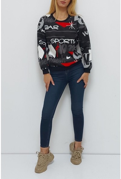 3 Iplik Baskılı Sweatshirt Siyah