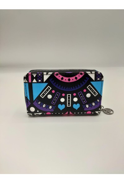 Geometrik Desenli Fermuarlı Renkli Kadın Cüzdan