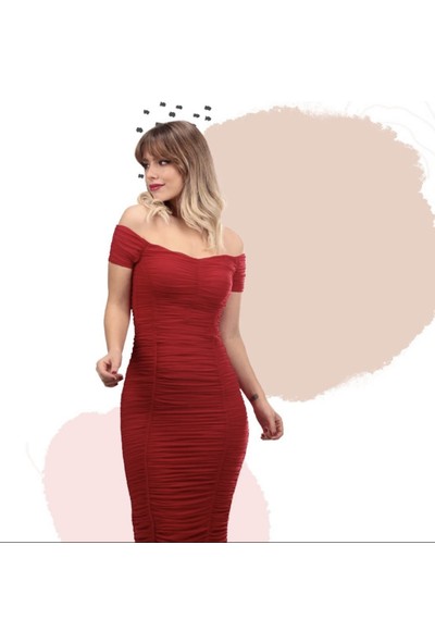 Straplez Büzgülü Midi Elbise